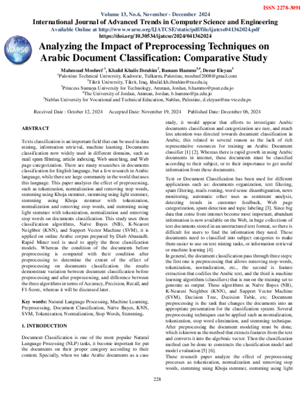 (PDF) Analyzing the Impact of Preprocessing Techniques on Arabic Document Classification ...