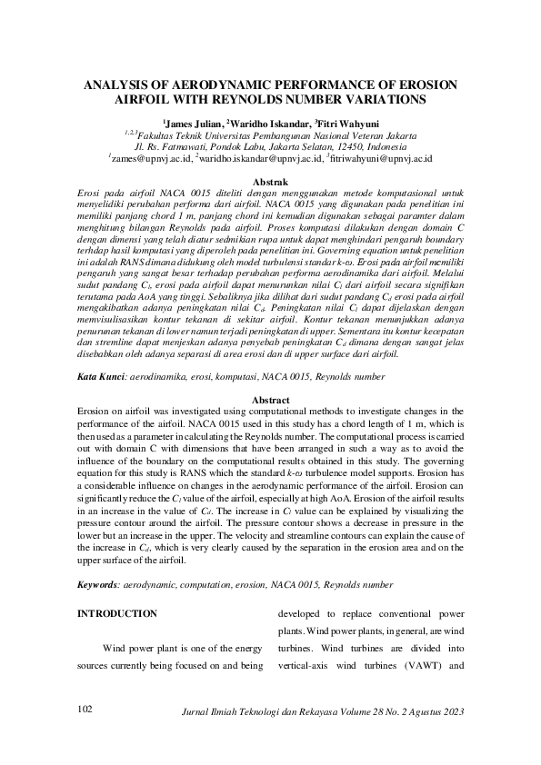 (PDF) Analysis of Aerodynamic Performance of Erosion Airfoil with Reynolds Number Variations