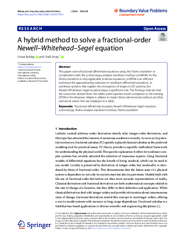 (PDF) A hybrid method to solve a fractional-order Newell–Whitehead–Segel equation