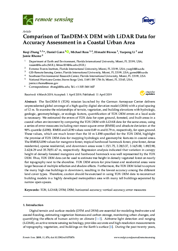 (PDF) Comparison of TanDEM-X DEM with LiDAR Data for Accuracy Assessment in a Coastal Urban Area