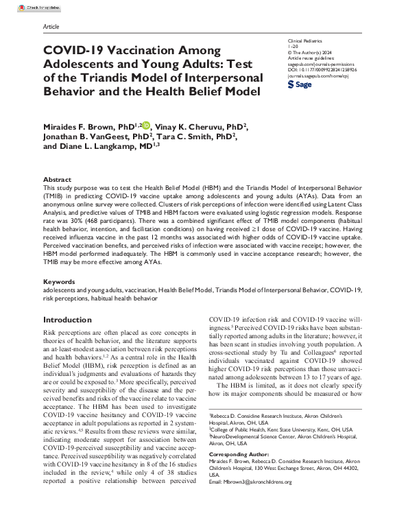 (PDF) COVID-19 Vaccination Among Adolescents and Young Adults: Test of ...
