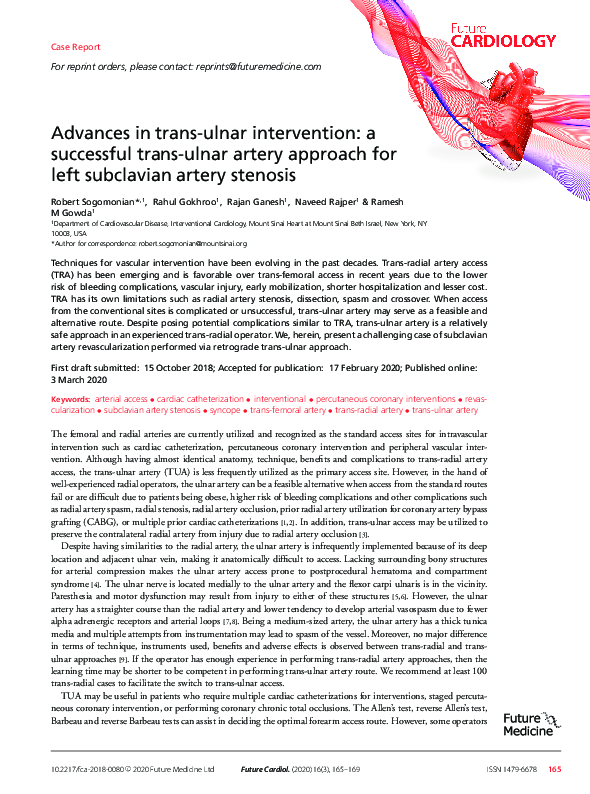(PDF) Advances in trans-ulnar intervention: a successful trans-ulnar ...