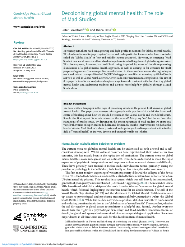(PDF) Decolonising global mental health: the role of Mad Studies