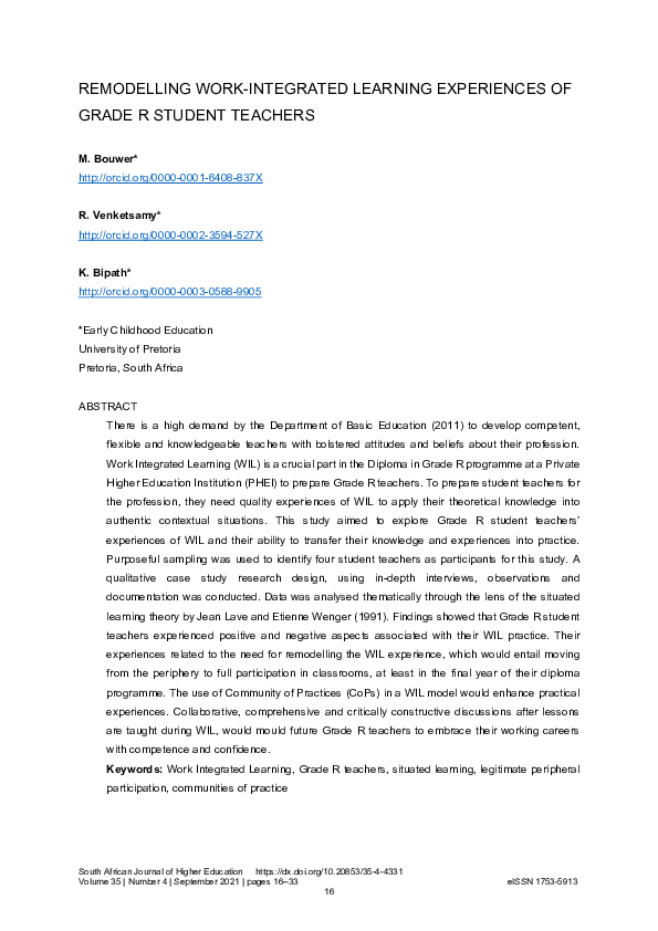 (PDF) Remodelling work-integrated learning experiences of Grade R ...