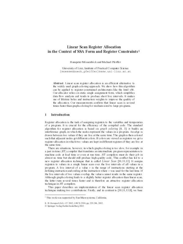 Pdf Linear Scan Register Allocation In The Context Of Ssa Form And Register Constraints