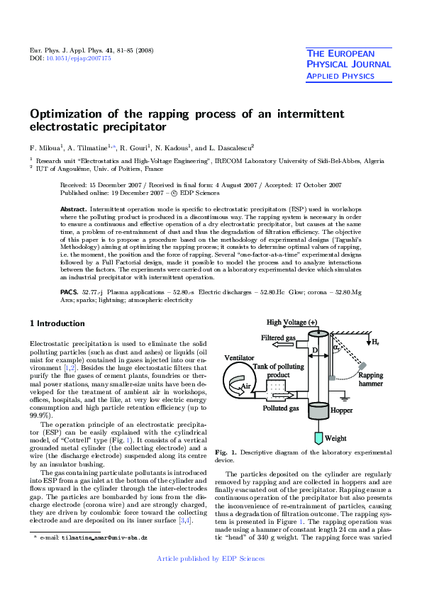 (PDF) Optimization of the rapping process of an intermittent electrostatic precipitator
