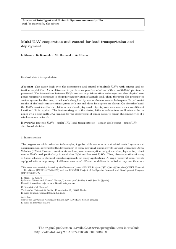 (PDF) Multi-UAV Cooperation and Control for Load Transportation and Deployment