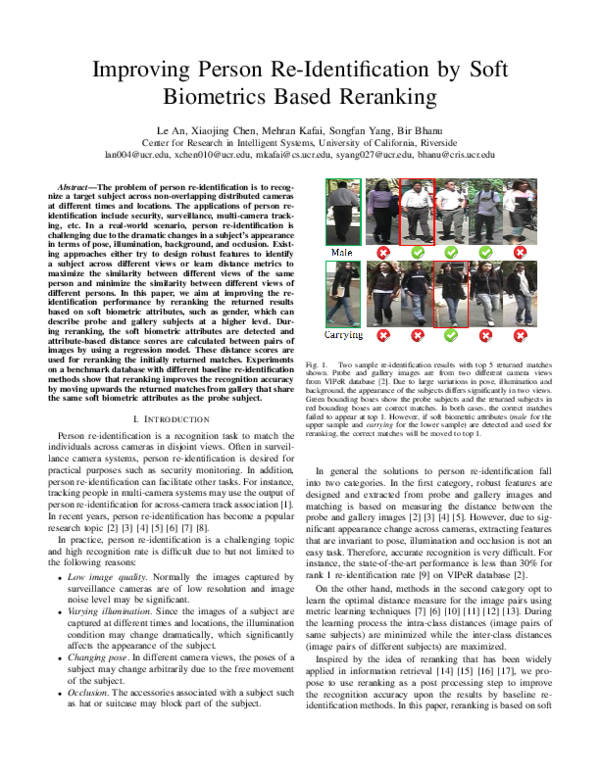 (PDF) Improving person re-identification by soft biometrics based reranking