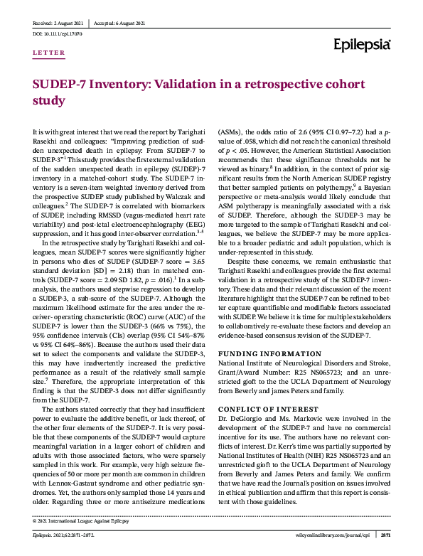 (PDF) SUDEP‐7 Inventory: Validation in a retrospective cohort study