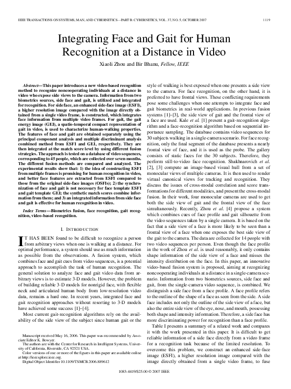 (PDF) Integrating Face and Gait for Human Recognition at a Distance in Video