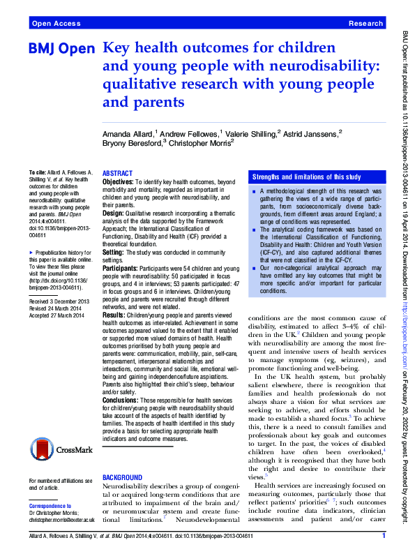 (PDF) Key health outcomes for children and young people with neurodisability: qualitative ...