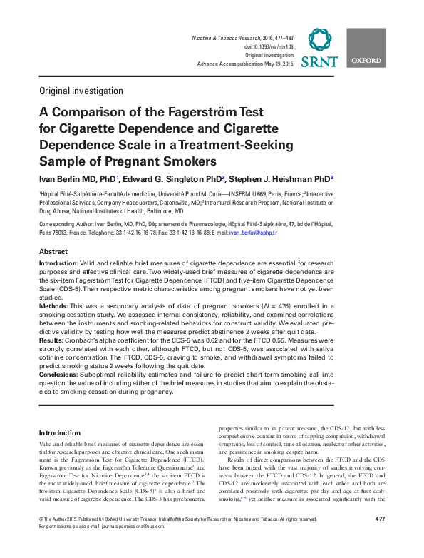 (PDF) A Comparison of the Fagerström Test for Cigarette Dependence and ...