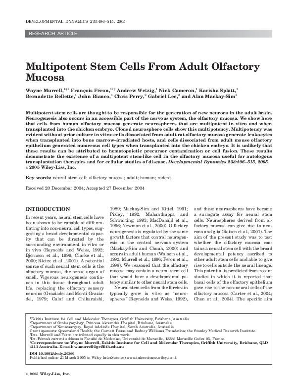 (PDF) Multipotent stem cells from adult olfactory mucosa