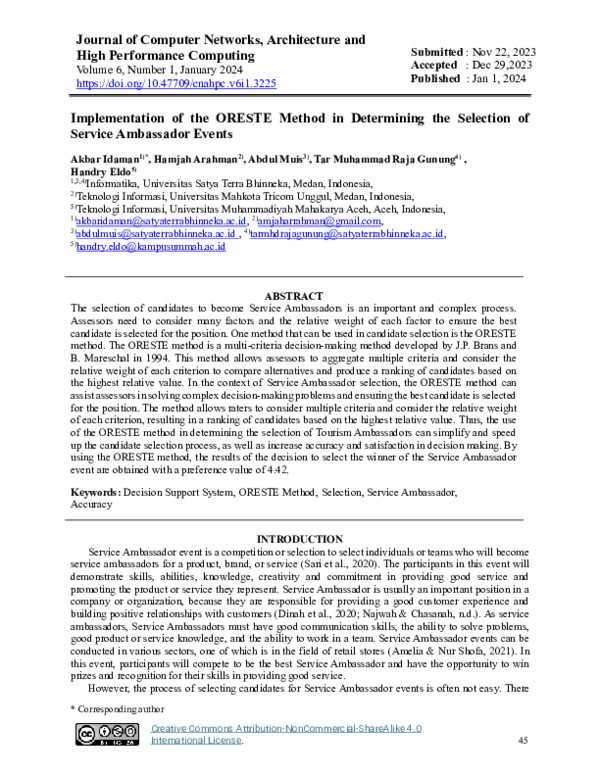 (PDF) Implementation of the ORESTE Method in Determining the Selection of Service Ambassador Events
