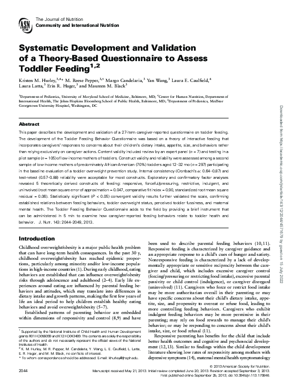 (PDF) Systematic Development and Validation of a Theory-Based Questionnaire to Assess Toddler ...