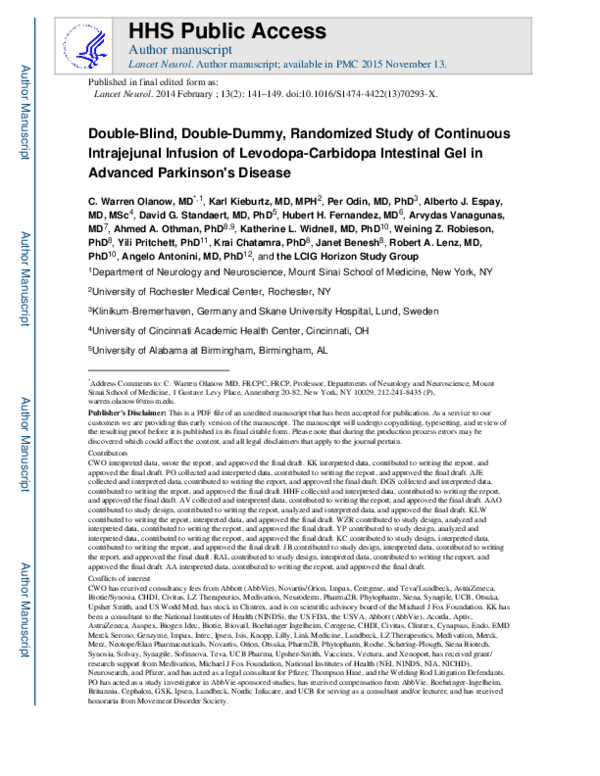 (PDF) Continuous intrajejunal infusion of levodopa-carbidopa intestinal ...