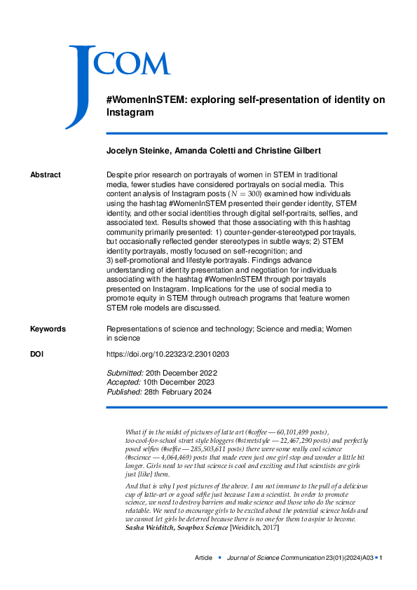 (PDF) #WomenInSTEM: exploring self-presentation of identity on Instagram