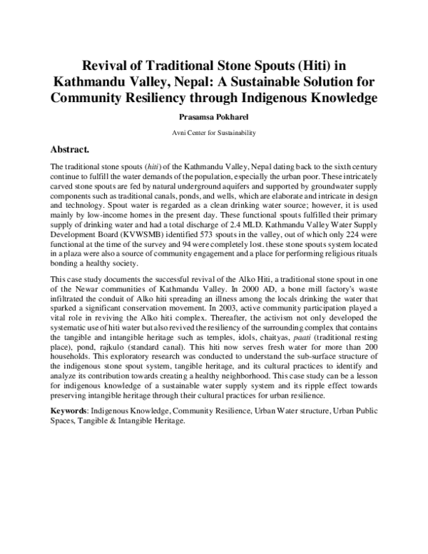 (PDF) Revival of Traditional Stone Spouts (Hiti) in Kathmandu Valley, Nepal: A Sustainable ...