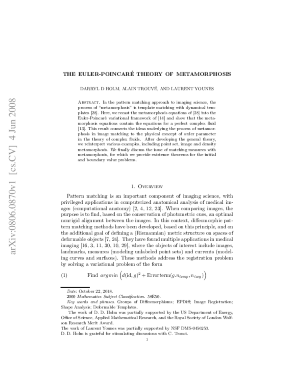 (PDF) The Euler-Poincare theory of Metamorphosis