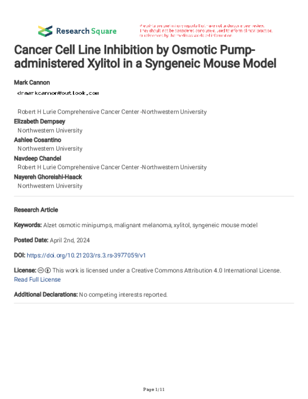 (PDF) Cancer Cell Line Inhibition by Osmotic Pump-administered Xylitol ...