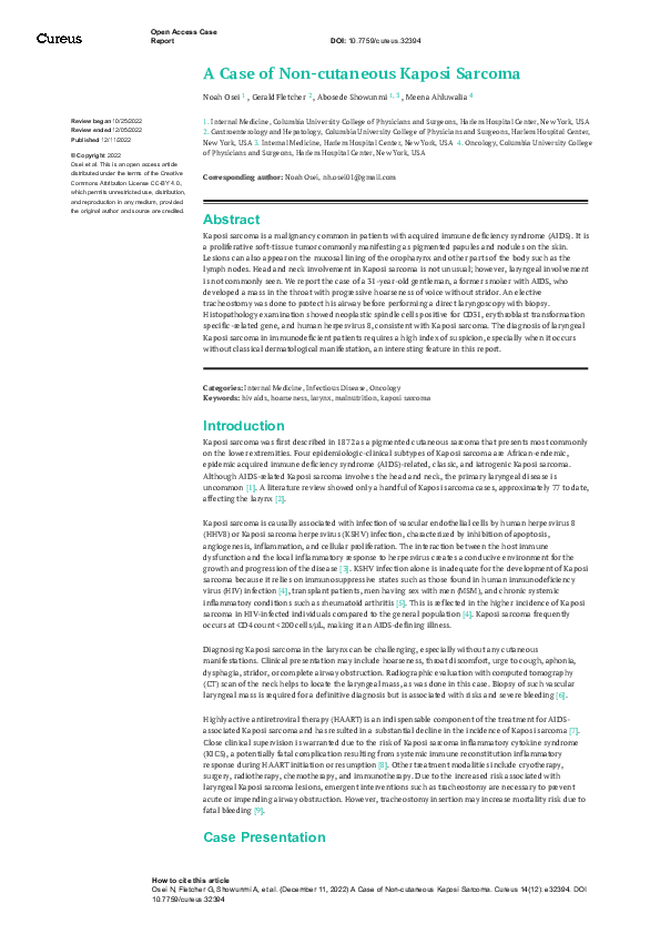 (PDF) A Case of Non-cutaneous Kaposi Sarcoma | Gerald Fletcher ...