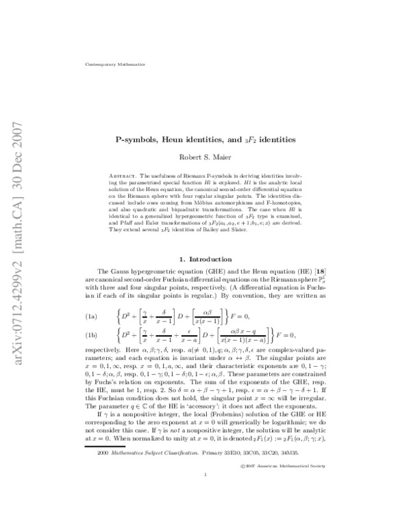 (PDF) P-symbols, Heun Identities, and 3F2 Identities