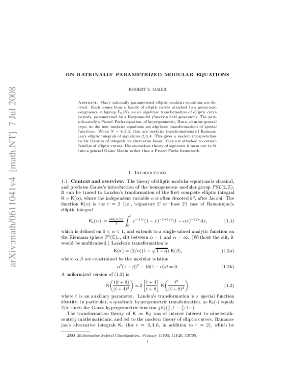 (PDF) On Rationally Parametrized Modular Equations
