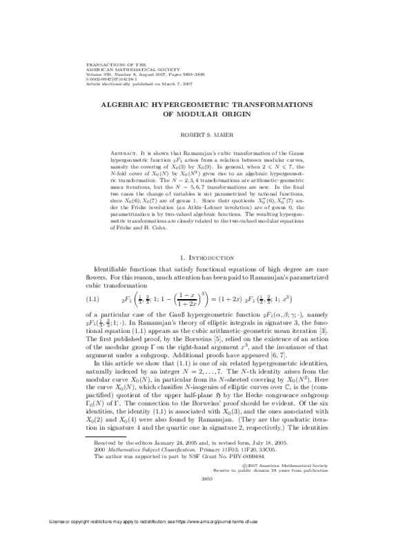 Pdf Algebraic Hypergeometric Transformations Of Modular Origin