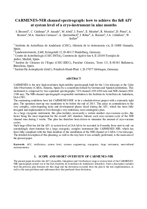 (PDF) CARMENES-NIR channel spectrograph: how to achieve the full AIV at system level of a cryo ...
