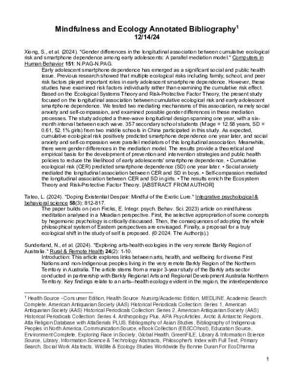 (PDF) Mindfulness and Ecology Annotated Bibliography 1