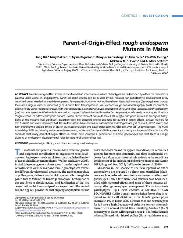 (PDF) Parent-of-Origin-Effect rough endosperm Mutants in Maize