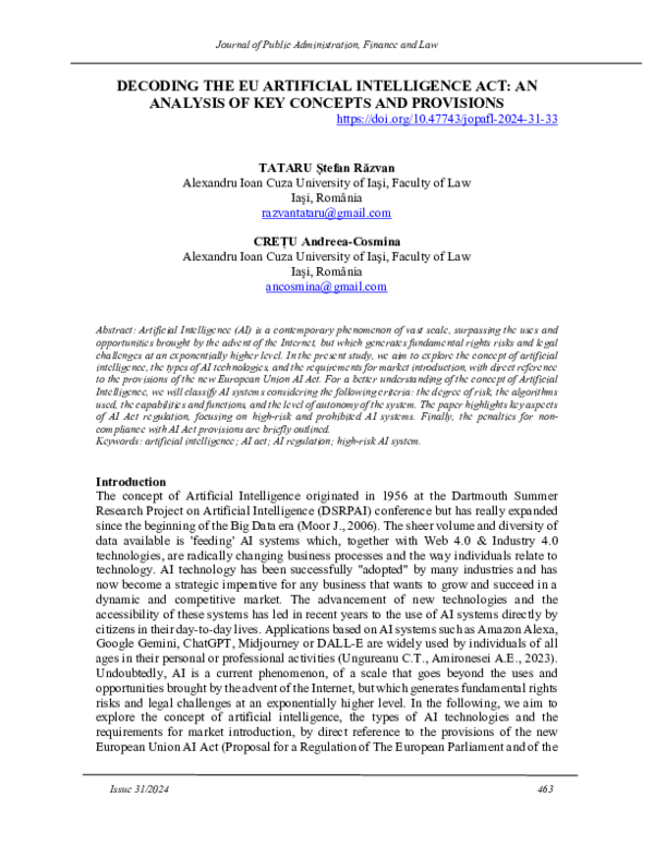 DECODING THE EU ARTIFICIAL INTELLIGENCE ACT: AN ANALYSIS OF KEY CONCEPTS AND PROVISIONS