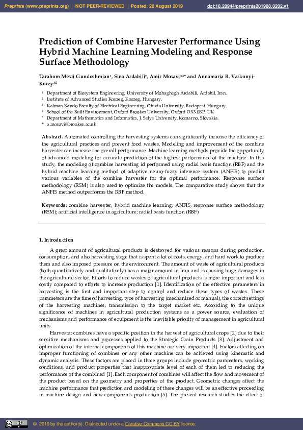 (PDF) Prediction of Combine Harvester Performance Using Hybrid Machine ...