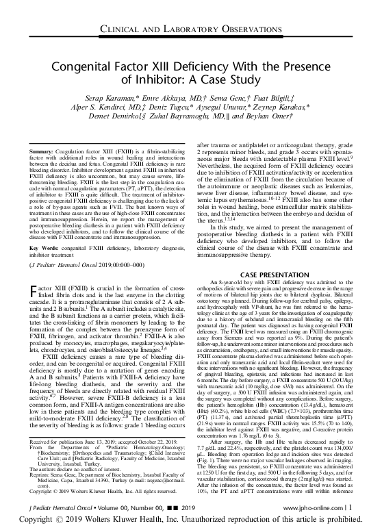(PDF) Congenital factor XIII deficiency with the presence of inhibitor ...