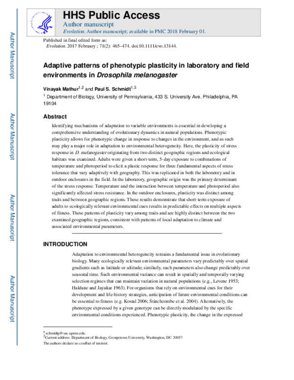 (PDF) Adaptive patterns of phenotypic plasticity in laboratory and field environments in ...