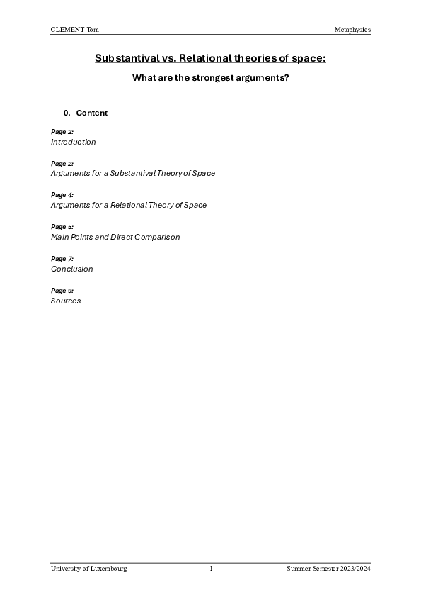 (PDF) Substantival vs Relational Theories of Space (by Tom Clement)