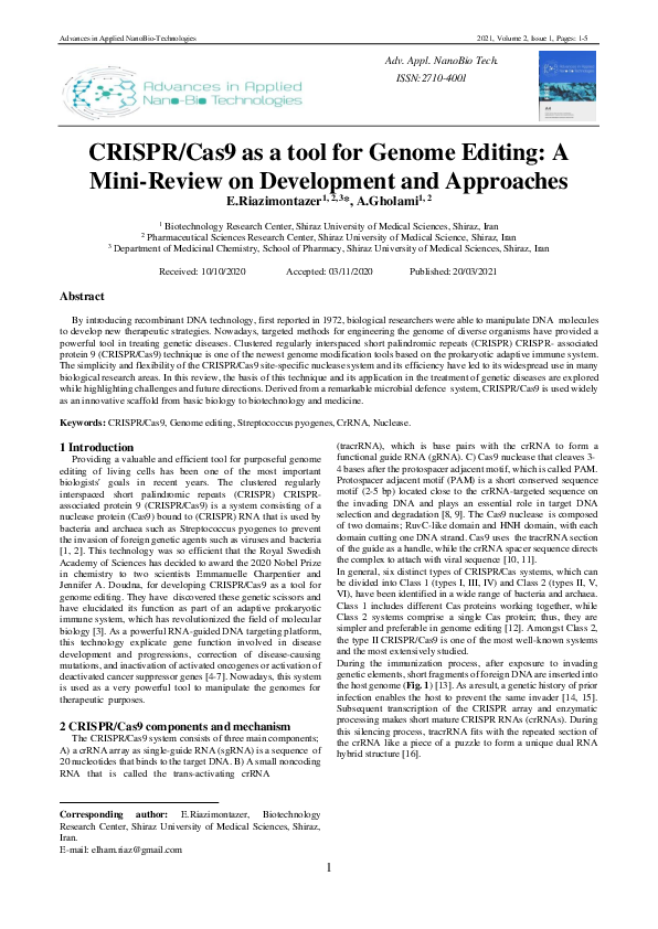 (PDF) CRISPR/Cas9 as a tool for Genome Editing: A Mini-Review on ...