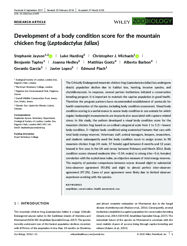 (PDF) Development of a body condition score for the mountain chicken ...