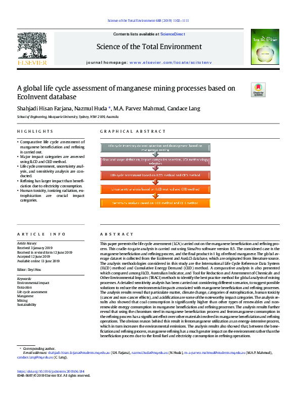 (PDF) A global life cycle assessment of manganese mining processes based on EcoInvent database