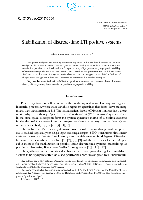 (PDF) Stabilization of discrete-time LTI positive systems | Dusan Krokavec - Academia.edu