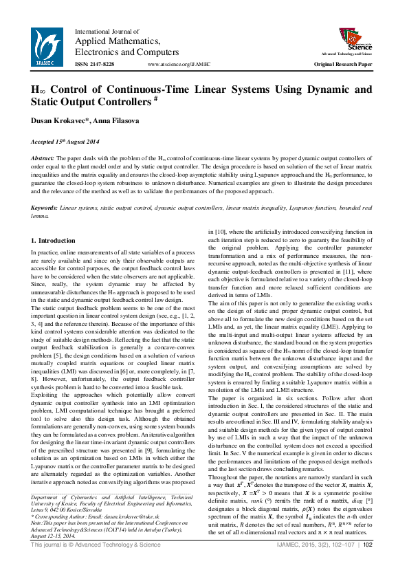 Pdf H∞ Control Of Continuous Time Linear Systems Using Dynamic And Static Output Controllers