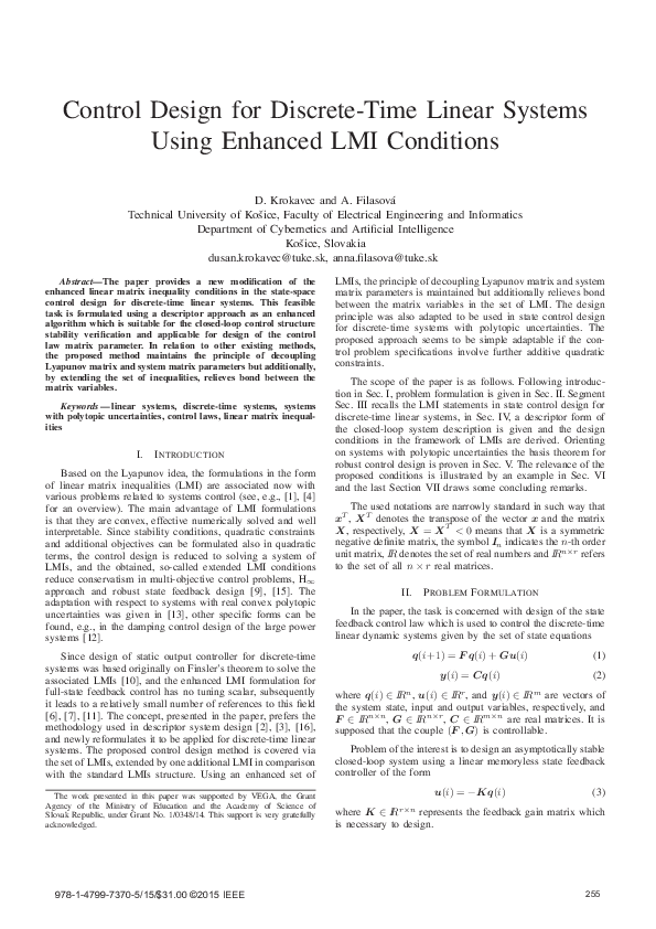 (PDF) Control design for discrete-time linear systems using enhanced LMI conditions