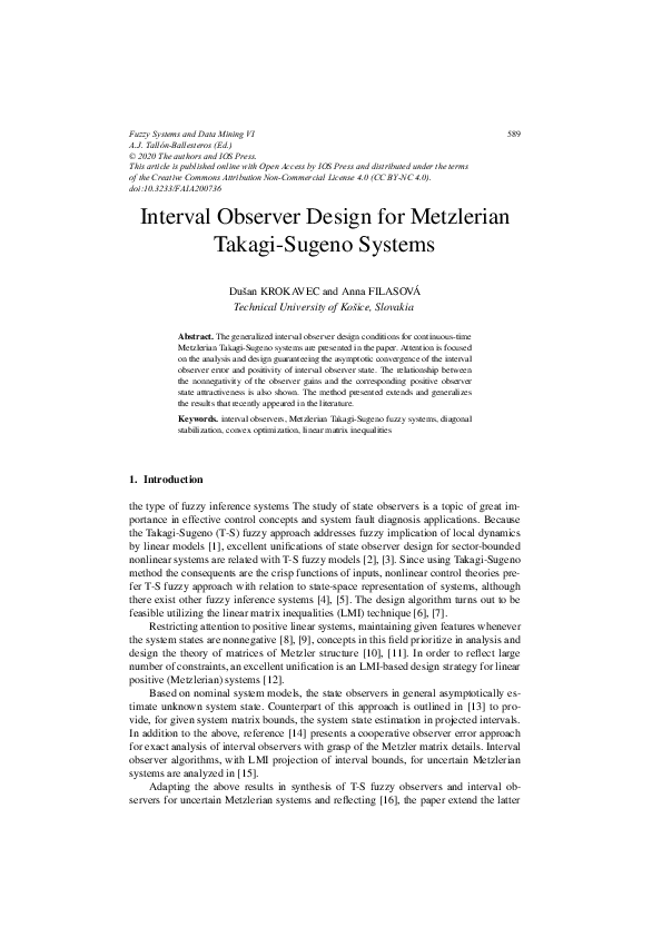 (PDF) Interval Observer Design for Metzlerian Takagi-Sugeno Systems