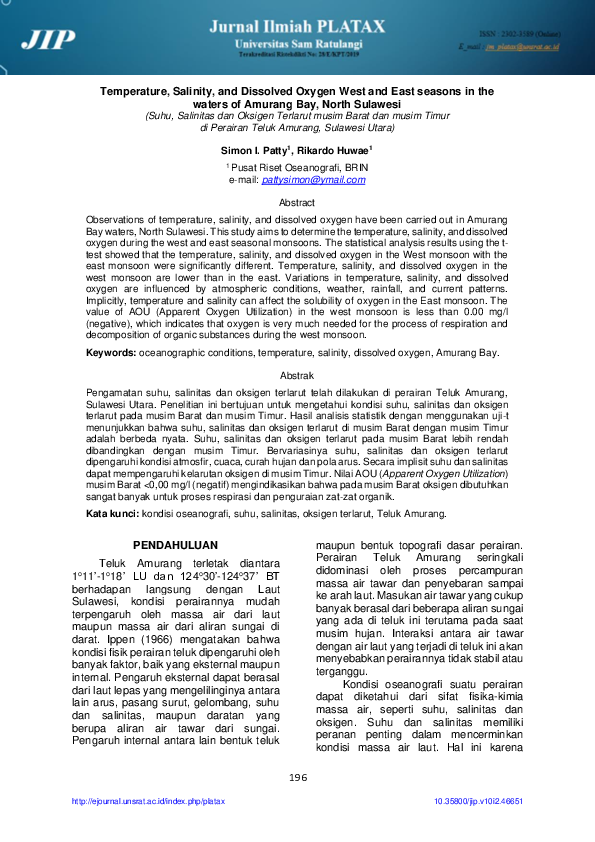 (PDF) Temperature, Salinity and Dissolved Oxygen West and East seasons ...