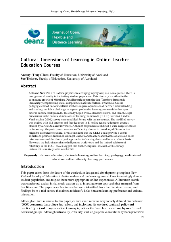 (PDF) Cultural Dimensions of Learning in Online Teacher Education Courses