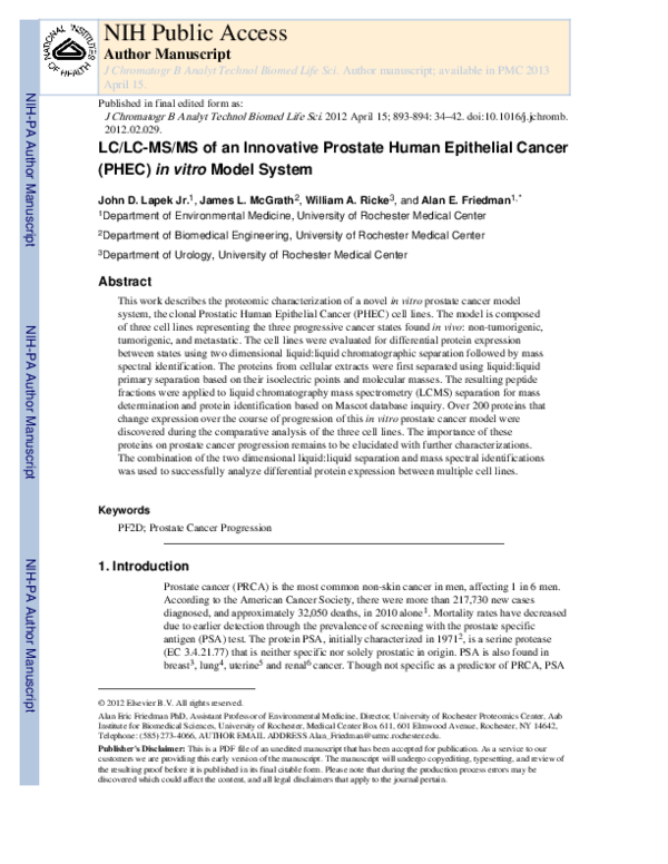 (PDF) LC/LC–MS/MS of an innovative prostate human epithelial cancer ...