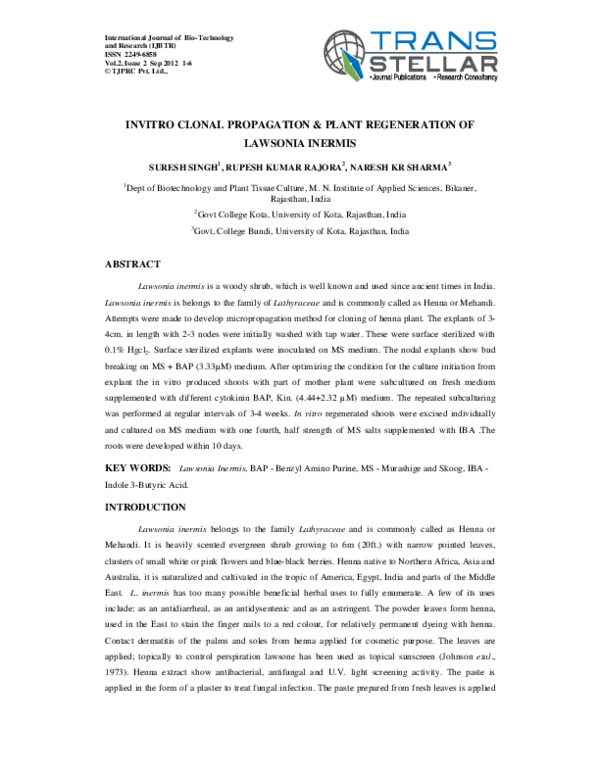 (PDF) Invitro Clonal Propagation & Plant Regeneration of Lawsonia Inermis