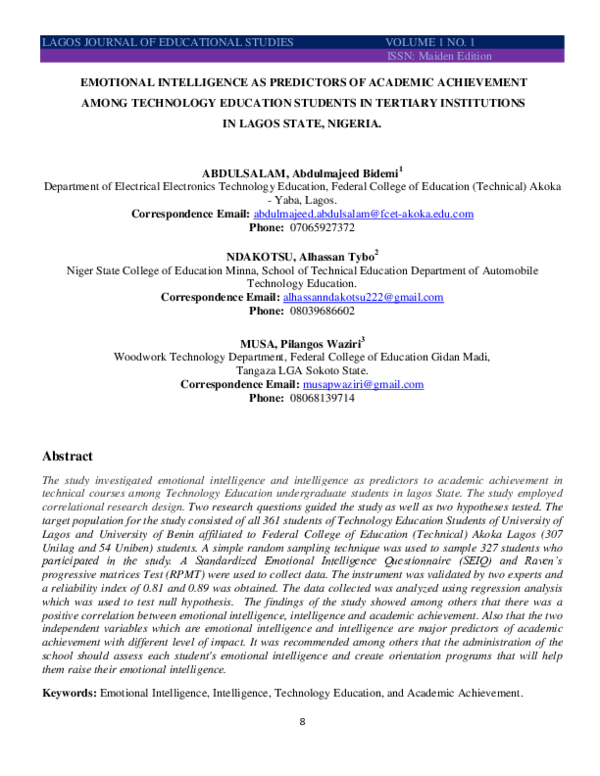 (PDF) EMOTIONAL INTELLIGENCE AS PREDICTORS OF ACADEMIC ACHIEVEMENT AMONG TECHNOLOGY EDUCATION ...