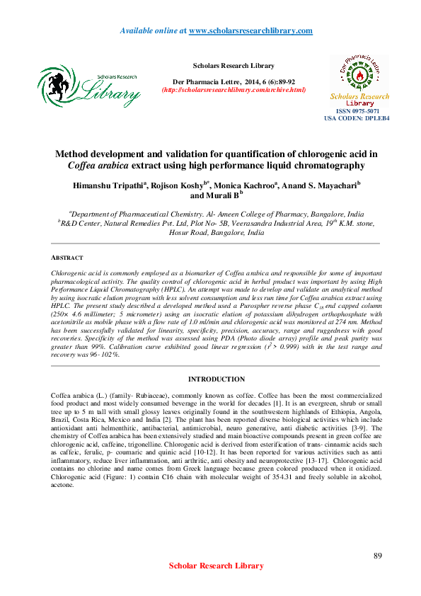(PDF) Method development and validation for quantification of chlorogenic acid in Coffea arabica ...