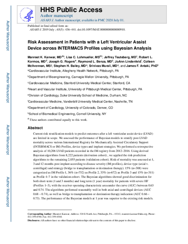 (PDF) Risk Assessment in Patients with a Left Ventricular Assist Device Across INTERMACS ...